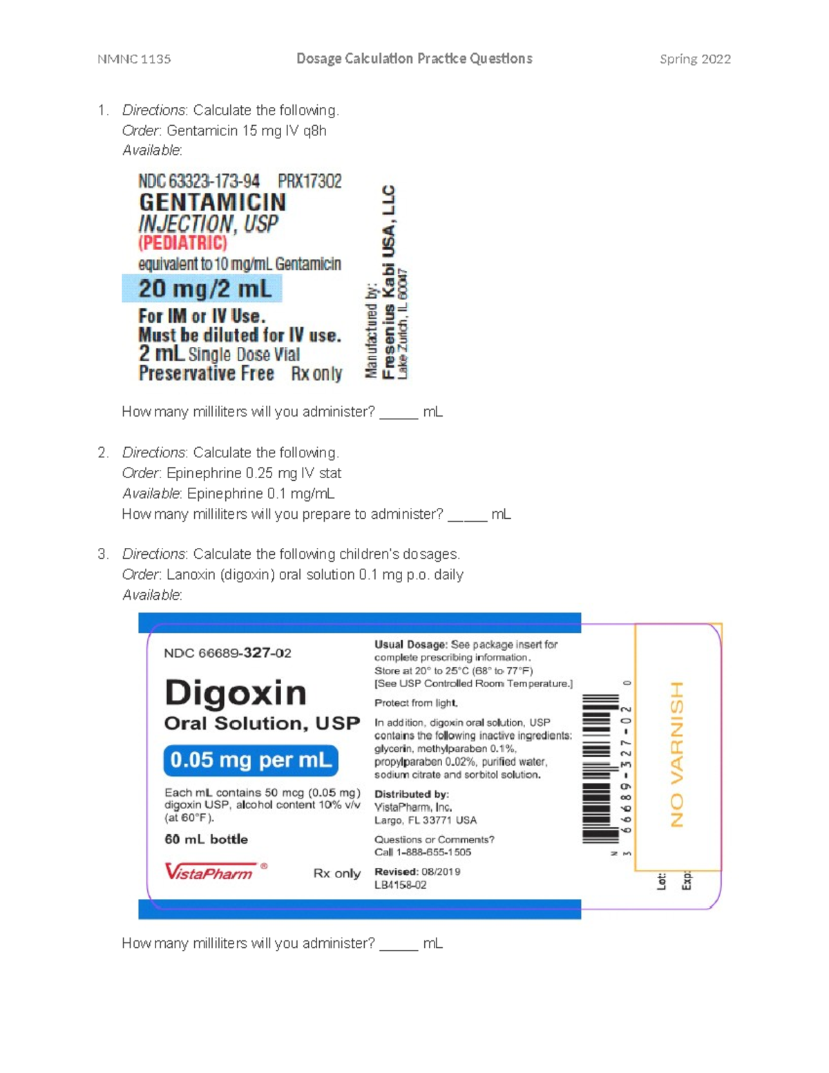 Dosage Practice Questions - NMNC 1135 Dosage Calculation Practice ...