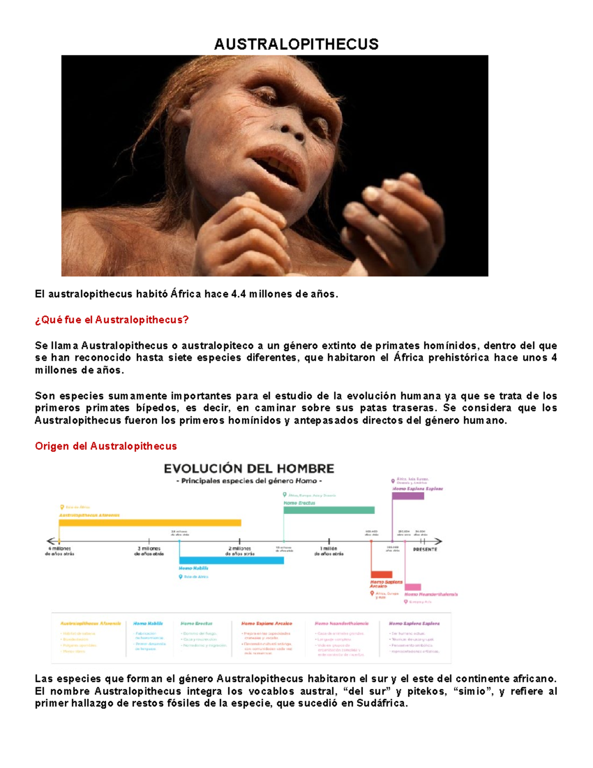 Australopithecus - Resumen Salud reproductiva - AUSTRALOPITHECUS El australopithecus habitó ...