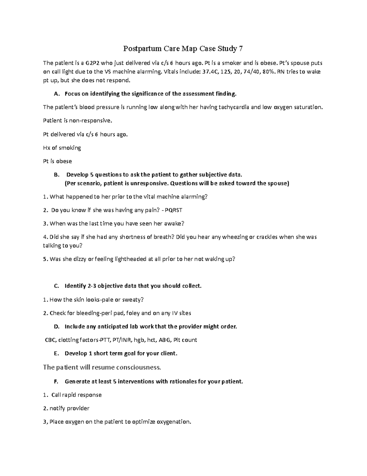 335 mod 5 case study - Postpartum Care Map Case Study 7 The patient is ...