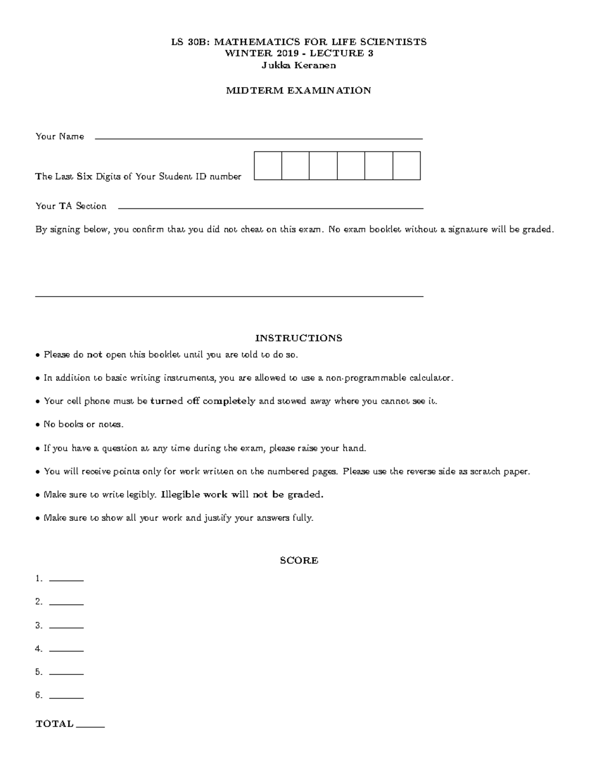 30B Practice Midterm 1 - LS 30B: MATHEMATICS FOR LIFE SCIENTISTS WINTER ...