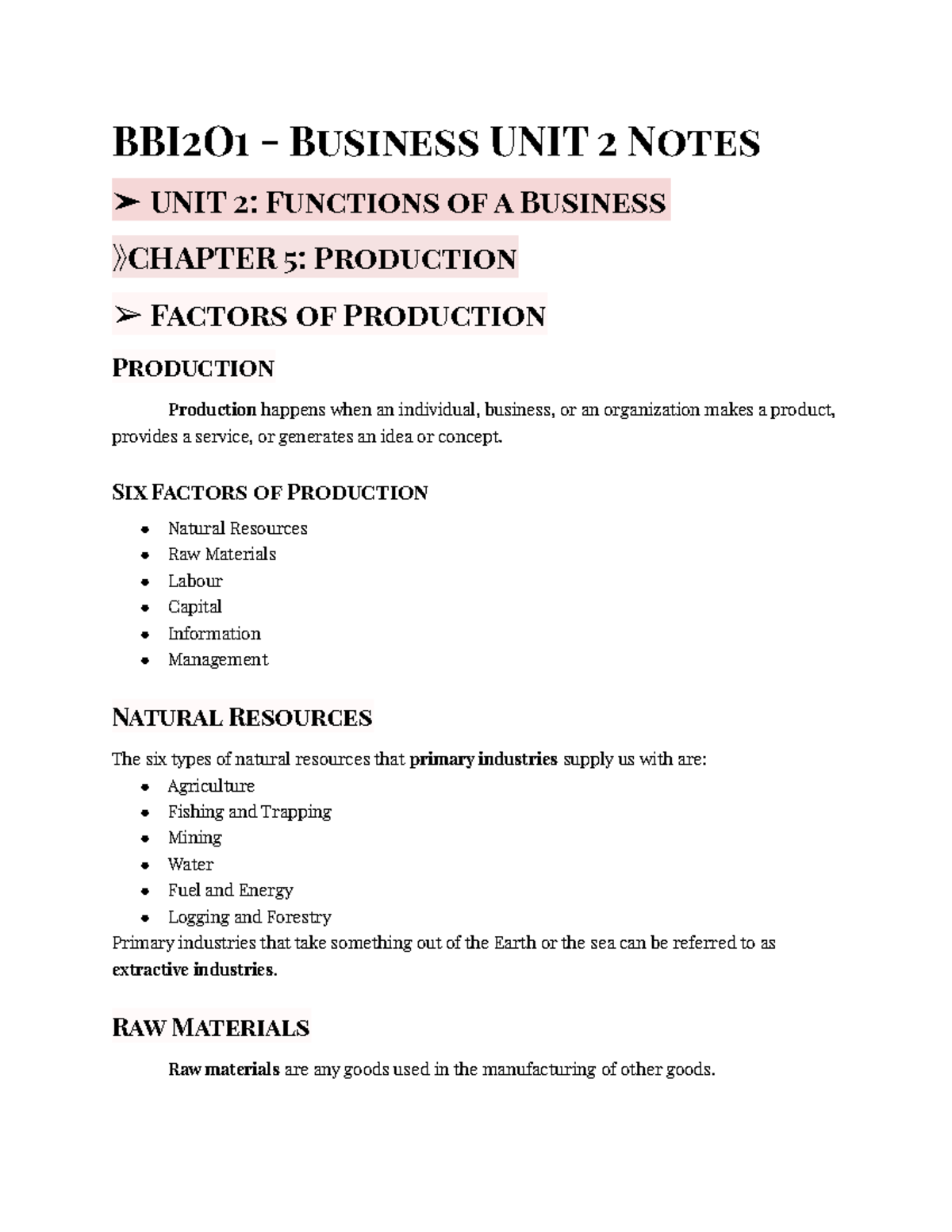 BBI2O1 - Business UNIT 2 Notes - Six Factors of Production Natural ...