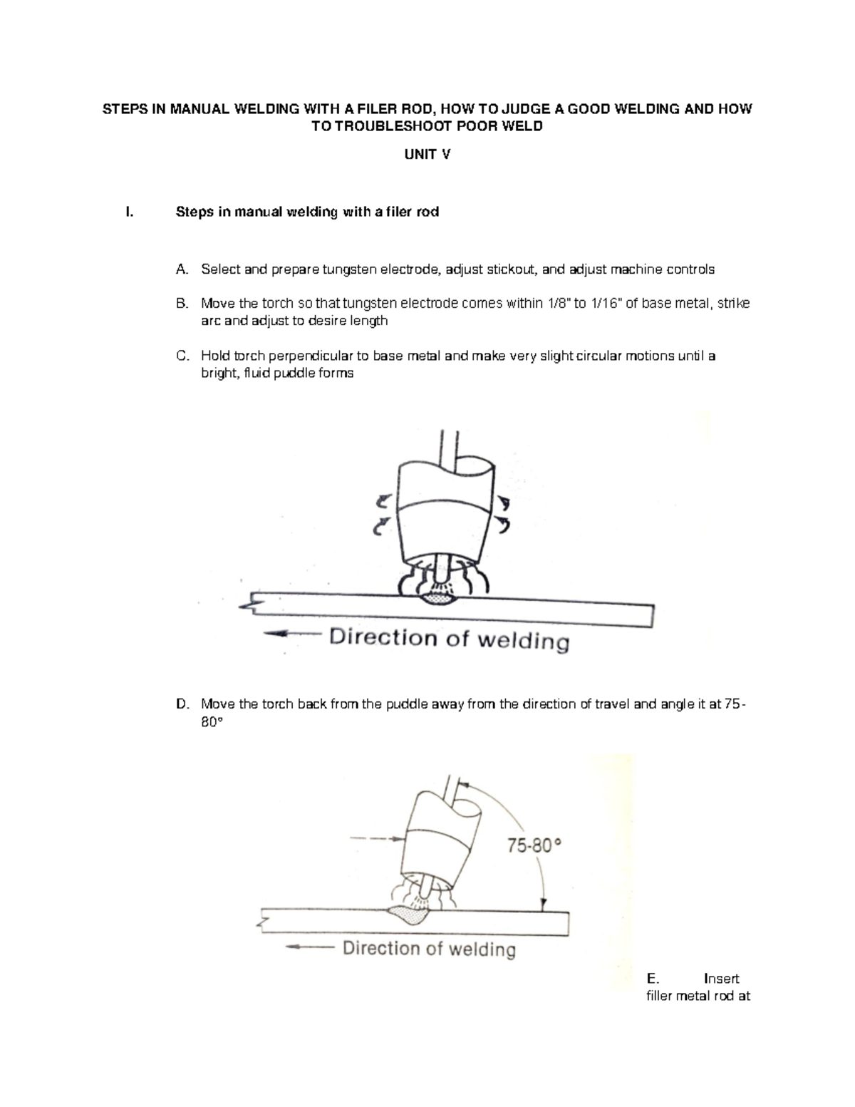 UNIT V Steps IN Manual Welding WITH A Filer ROD - STEPS IN MANUAL ...