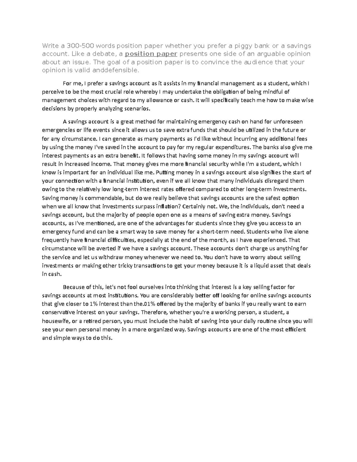 ECO - essay - Write a 300-500 words position paper whether you prefer a ...