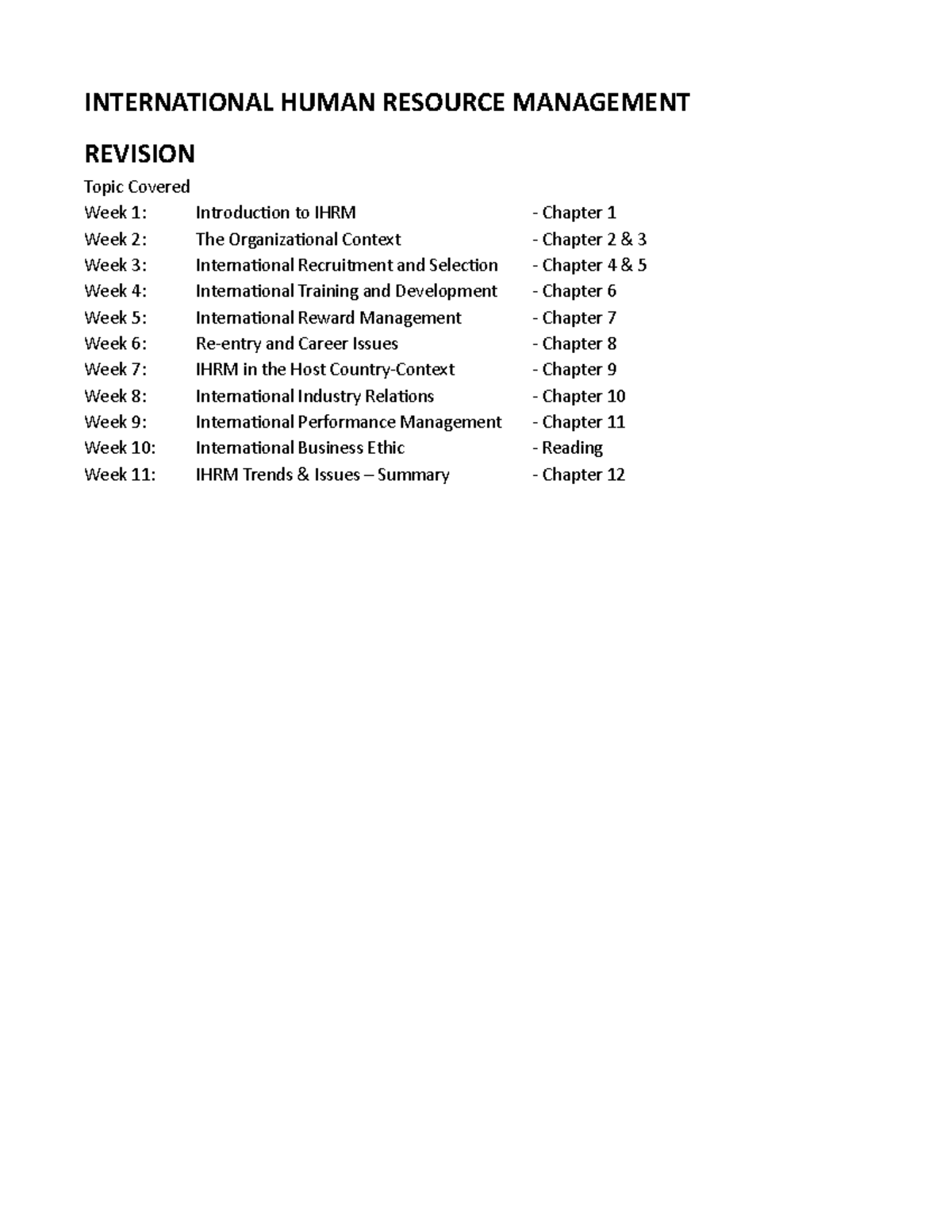 IHRM - Revision - IHRM - INTERNATIONAL HUMAN RESOURCE MANAGEMENT REVISION Topic Covered Week 1 ...