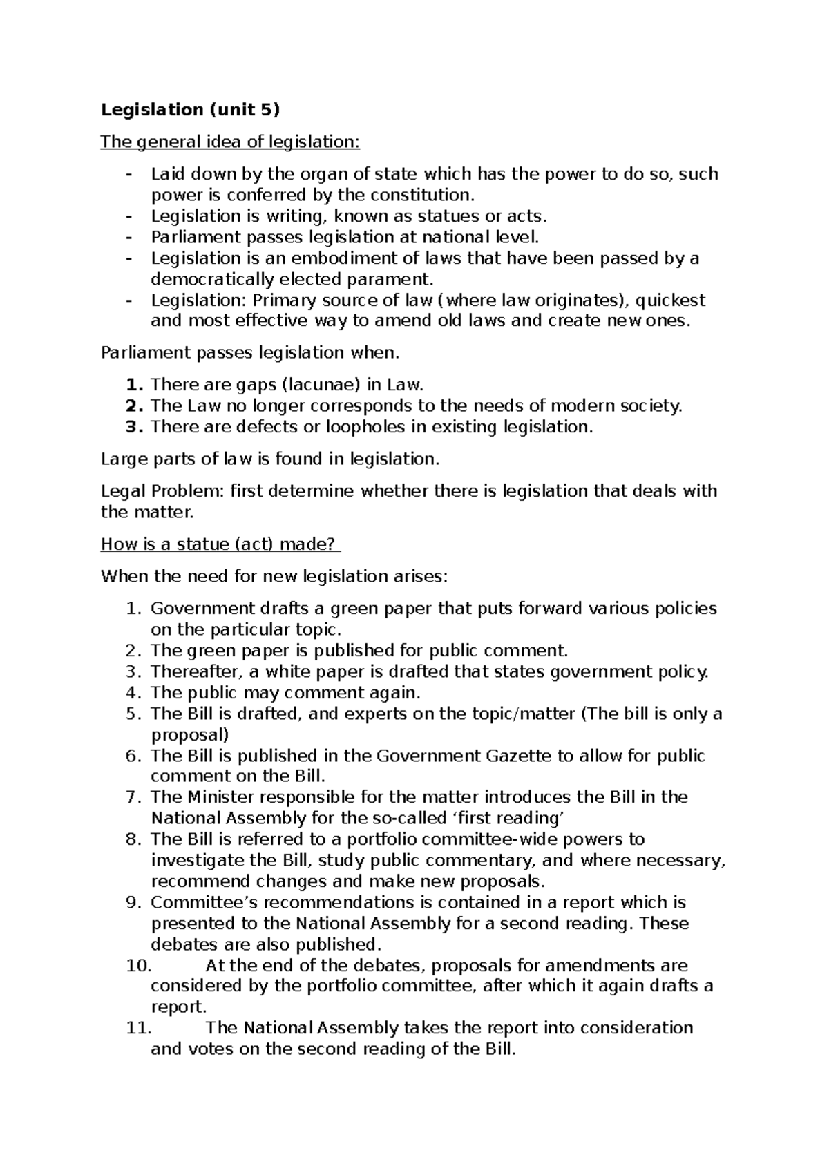 Jur eksamen (unit 5,6,7,8) - Legislation (unit 5) The general idea of ...