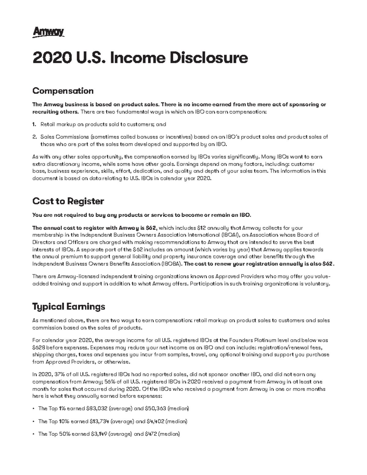 2020 U.S. Income Disclosure Compensation for Amway IBOs - Studocu