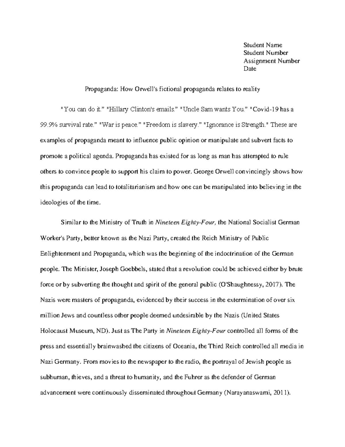 Sample Research Essay-1984 - Student Name Student Number Assignment ...