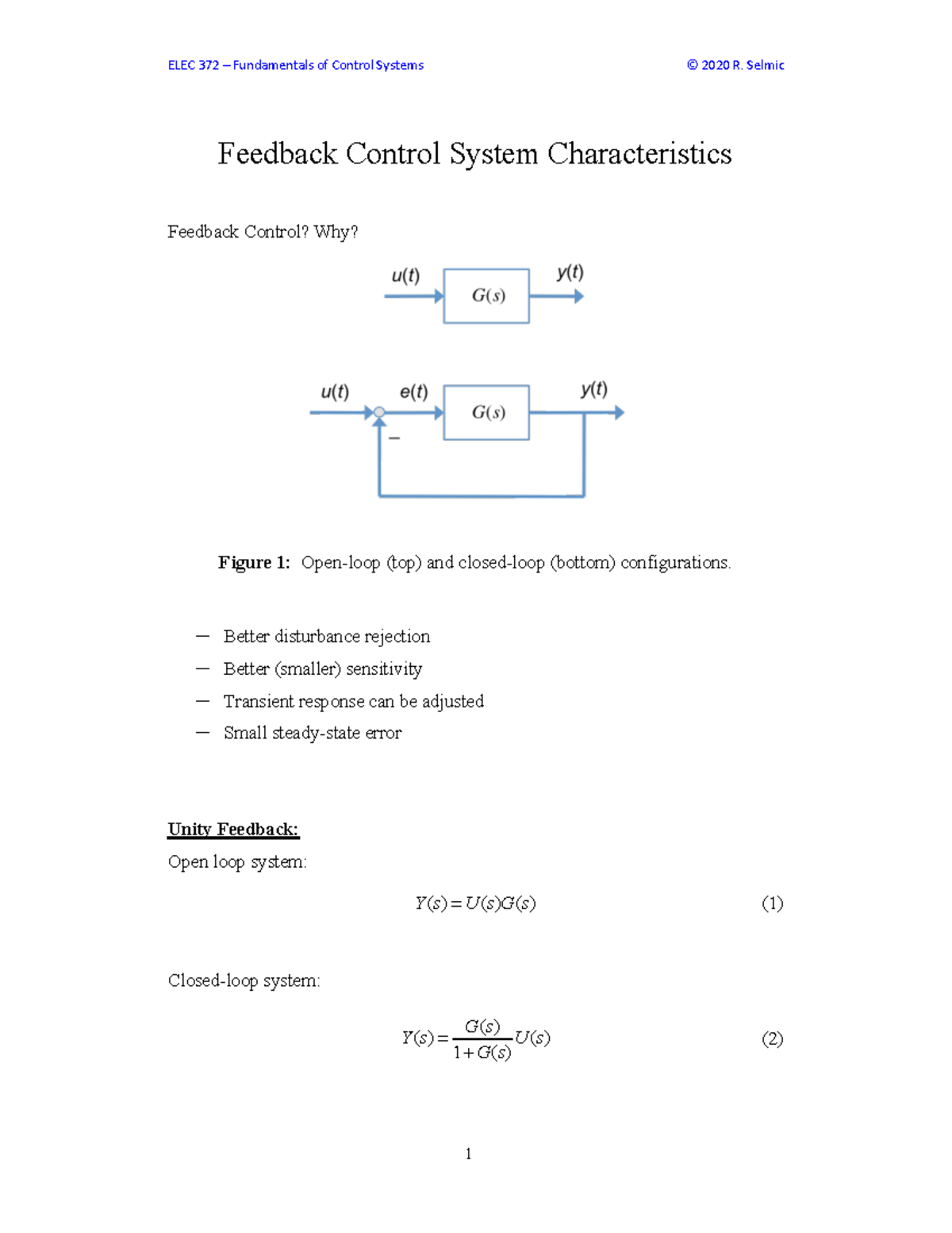 Feedback Charact. (Lecture 7) - Feedback Control System Characteristics ...
