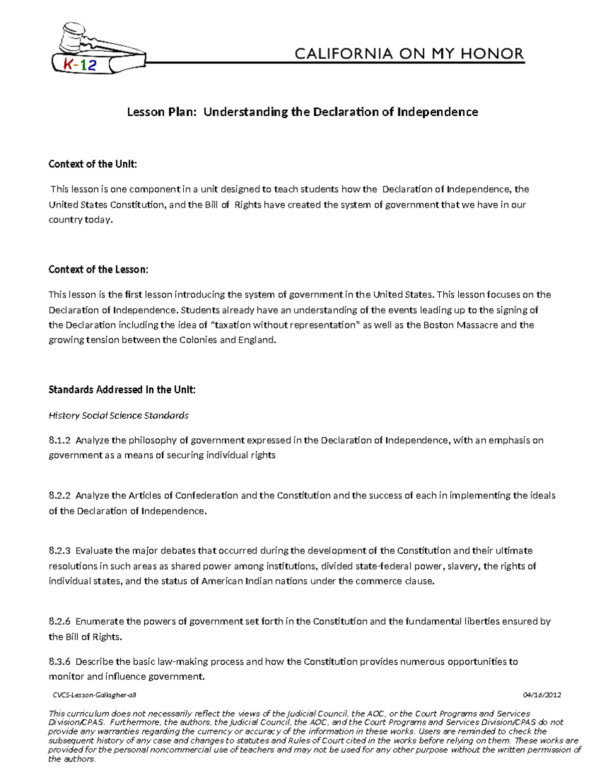 CVCS-Lesson-Gallagher-all- Lesson Plan: Understanding the Declaration ...