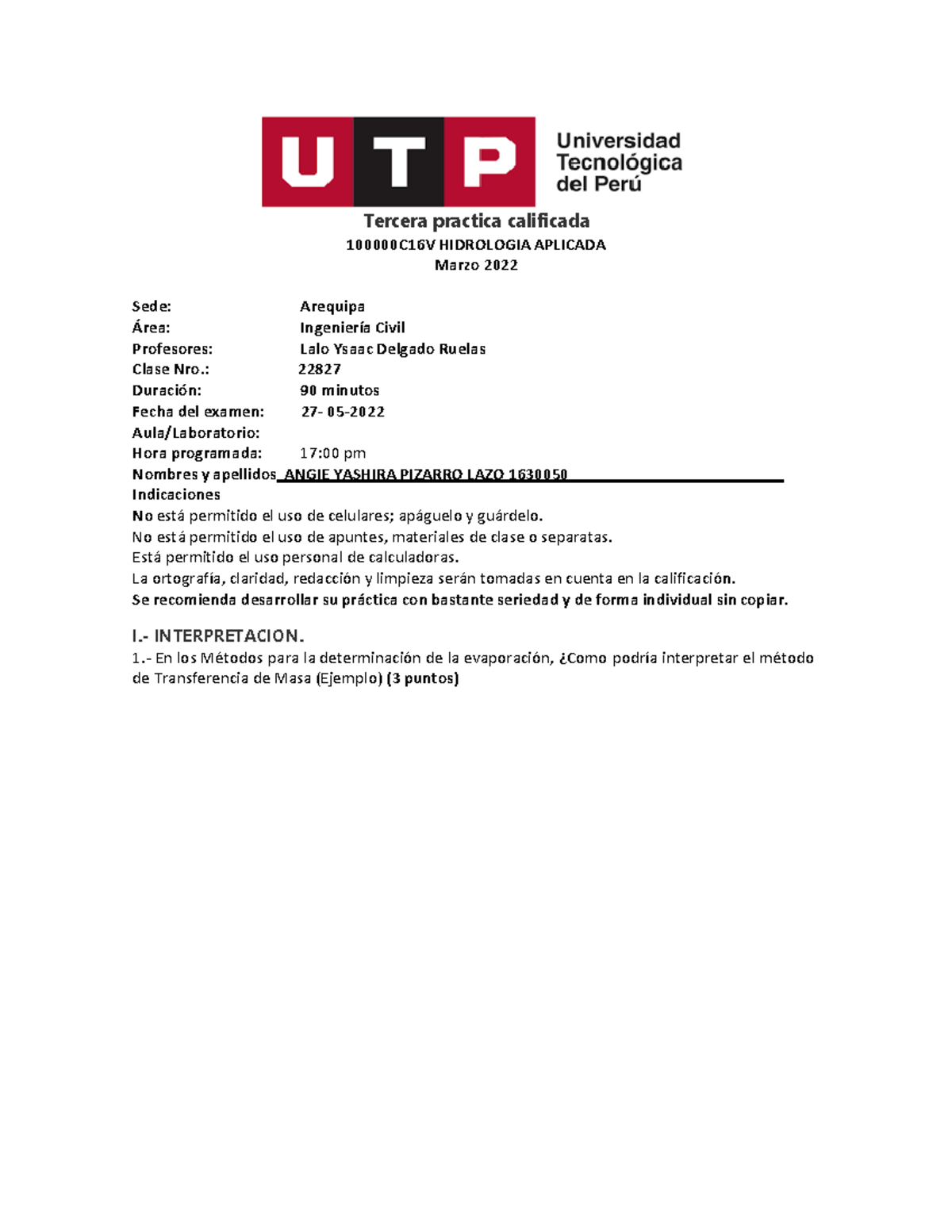 Tercera Practica calificada Hidrología SD 22827 Pizarro LAZO Angie ...