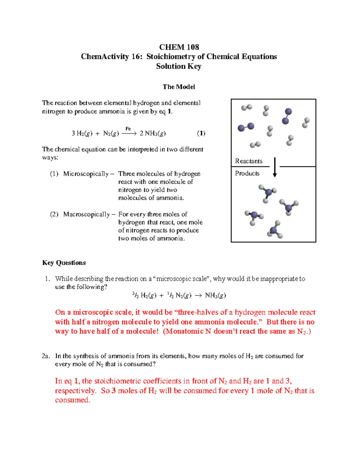 Stoichiometry of Chemical equations - CHEM 108 ChemActivity 16: Stoichiometry of Chemical ...