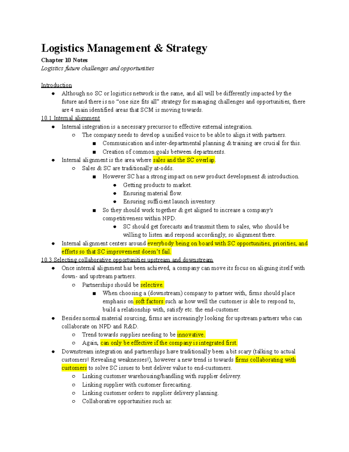 Chapter 10 Notes - Logistics Management & Strategy Chapter 10 Notes ...