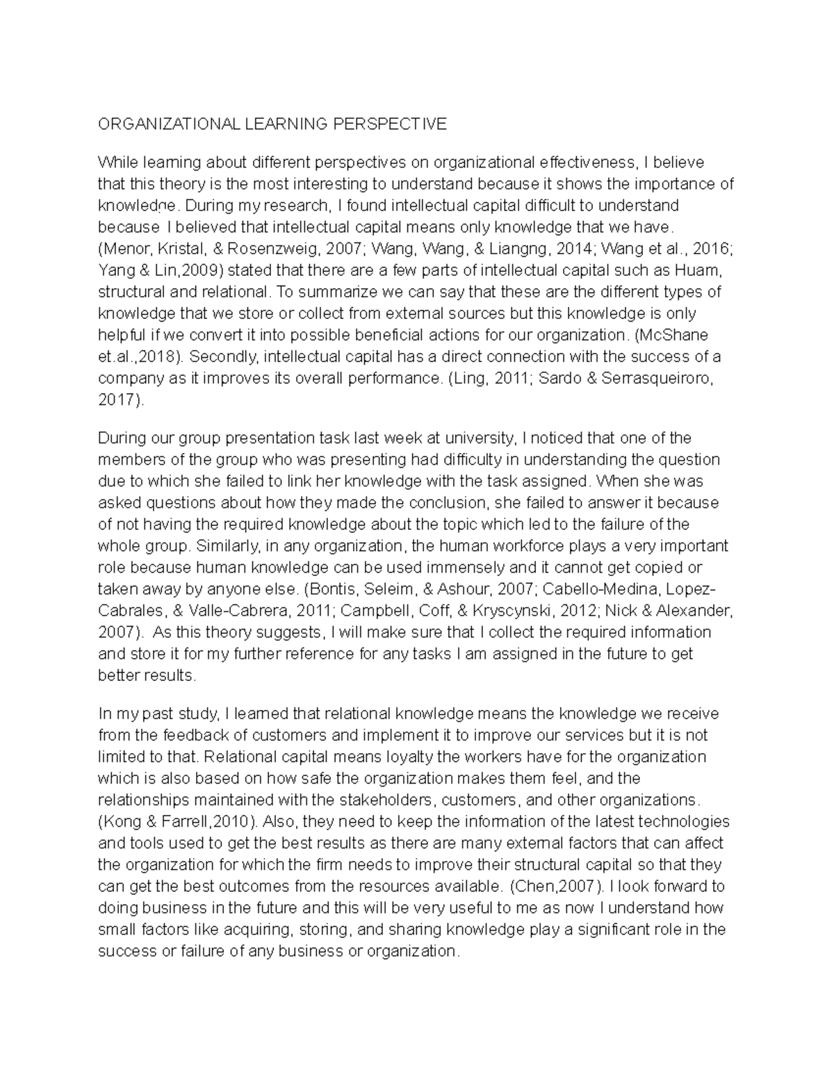 reflective writing - ORGANIZATIONAL LEARNING PERSPECTIVE While learning ...