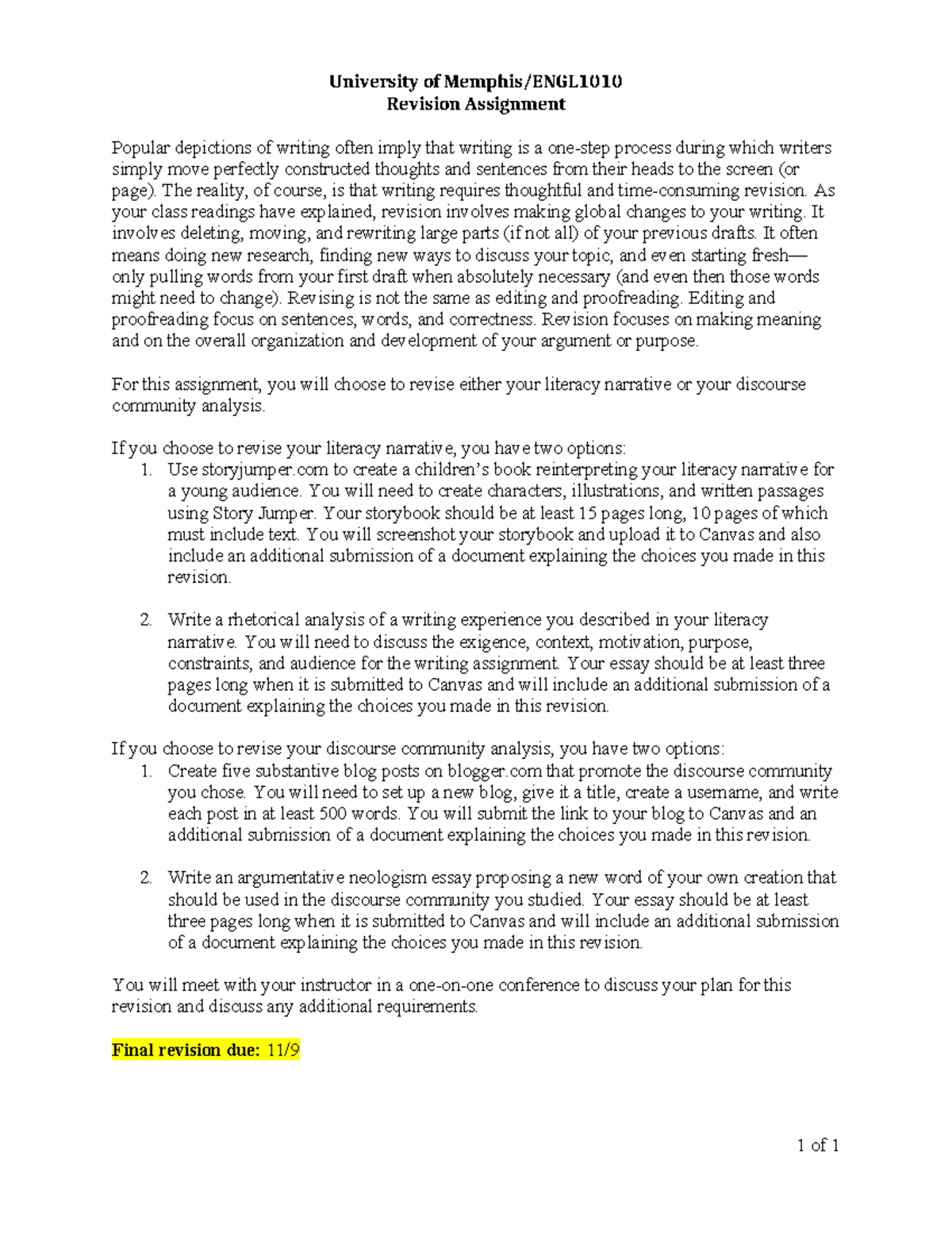 1010 Revision Assignment Sheet - University of Memphis/ENGL Revision ...