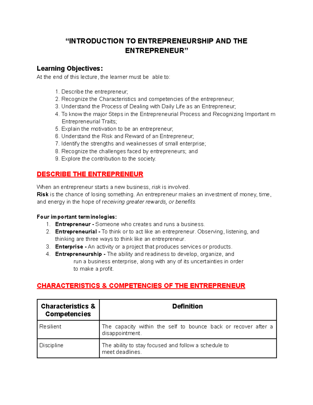 Entrep-1-3 - NOTES - “INTRODUCTION TO ENTREPRENEURSHIP AND THE ...