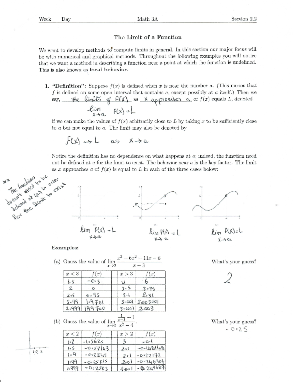 Week 2 Notes - Week Day Math 3A Section 2 The Limit of a Function We ...