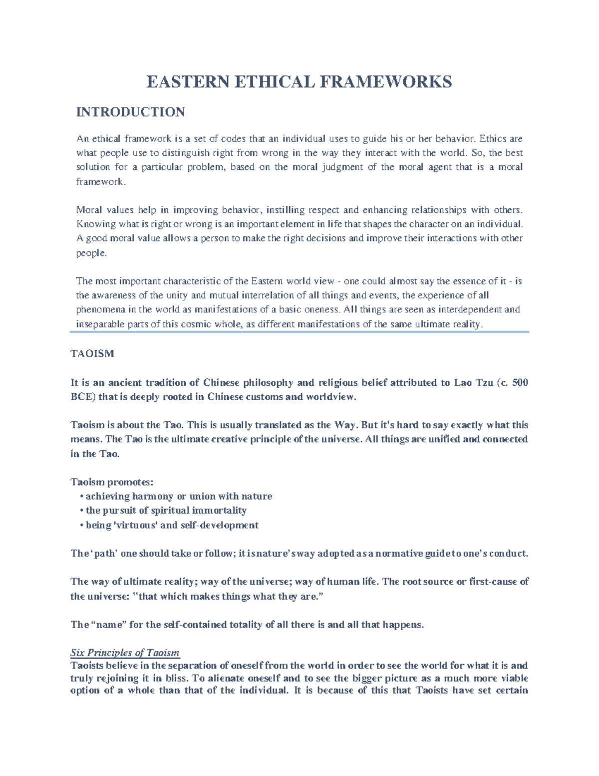 Taosim - Eastern Ethical Framework - EASTERN ETHICAL FRAMEWORKS ...