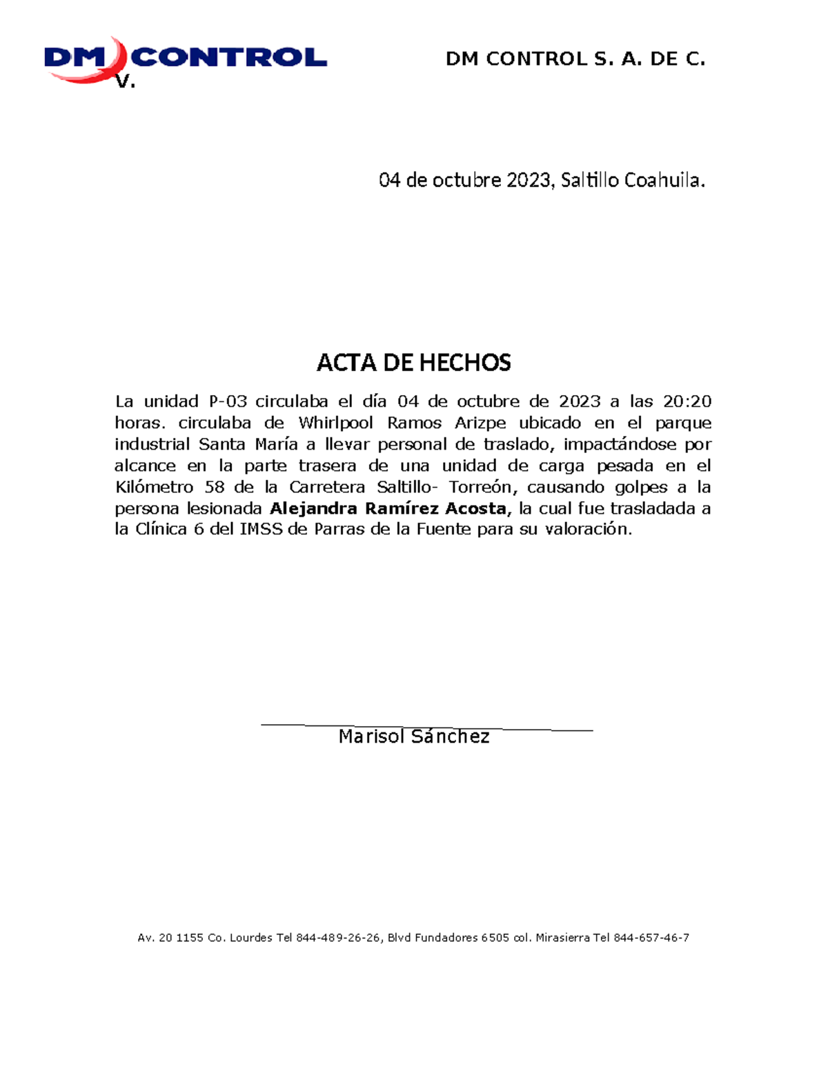 Alejandra Ramirez Acosta - DM CONTROL S. A. DE C. V. 04 de octubre 2023 ...
