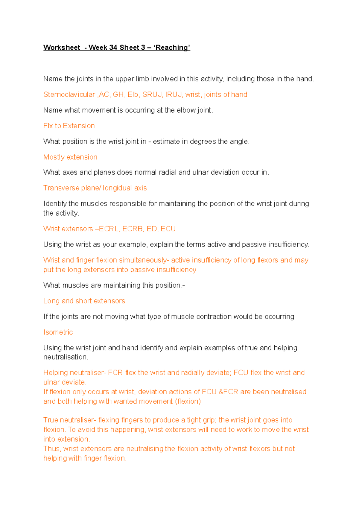 Reaching - Worksheet - Week 34 Sheet 3 – ‘Reaching’ Name the joints in ...