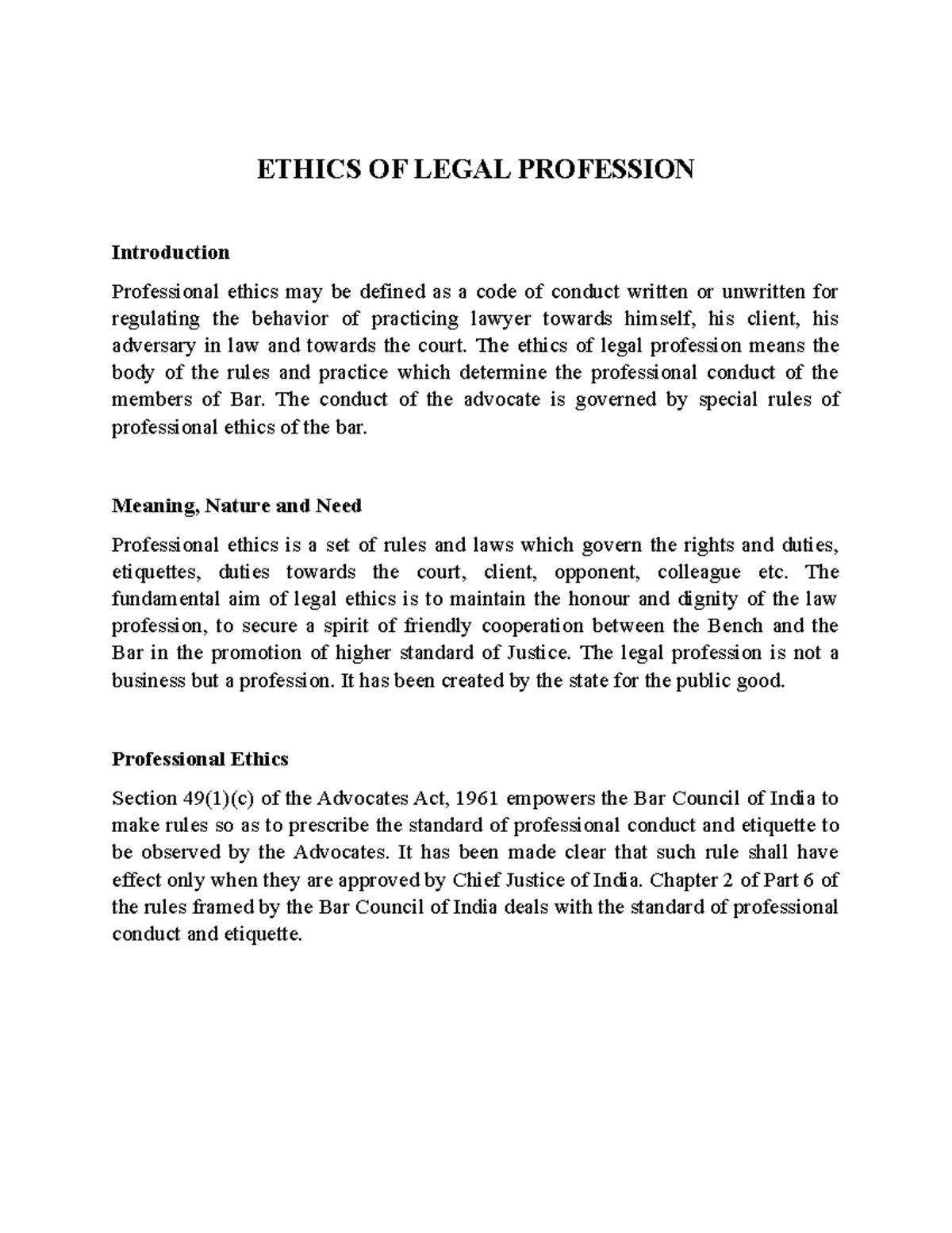 Profffesional ethis - ETHICS OF LEGAL PROFESSION Introduction ...