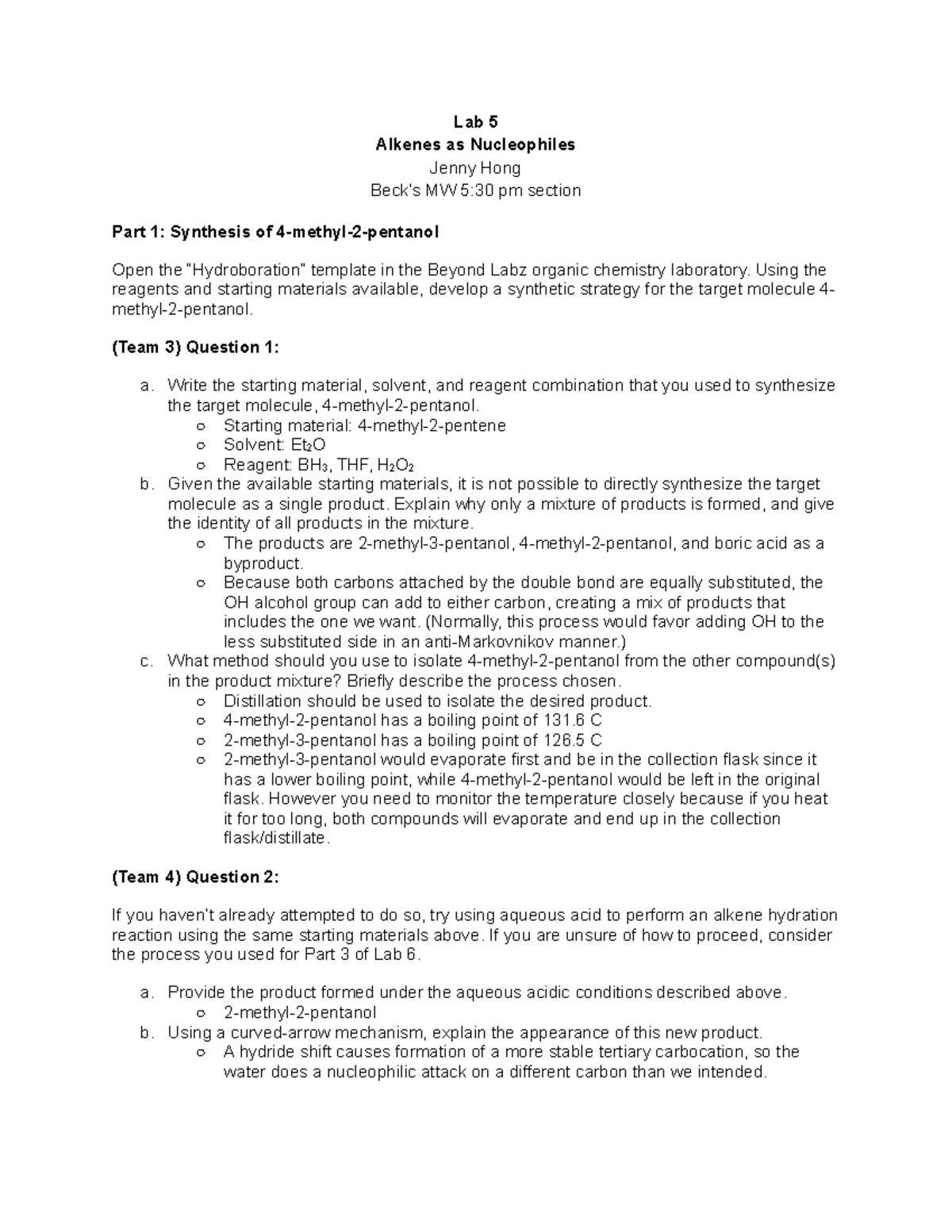 Alkenes as Nucleophiles Lab Assignment 7 - Lab 5 Alkenes as ...