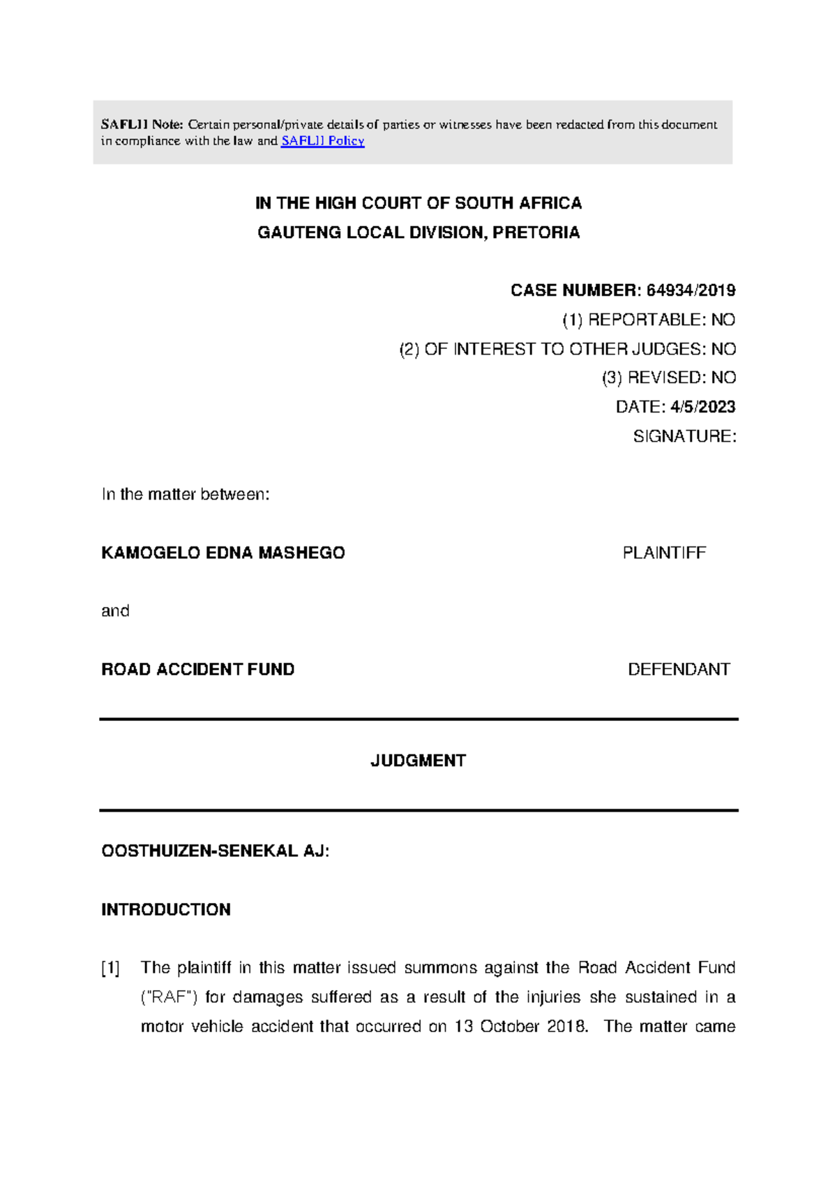 296 - RAF CASE LAW - SAFLII Note: Certain personal/private details of ...