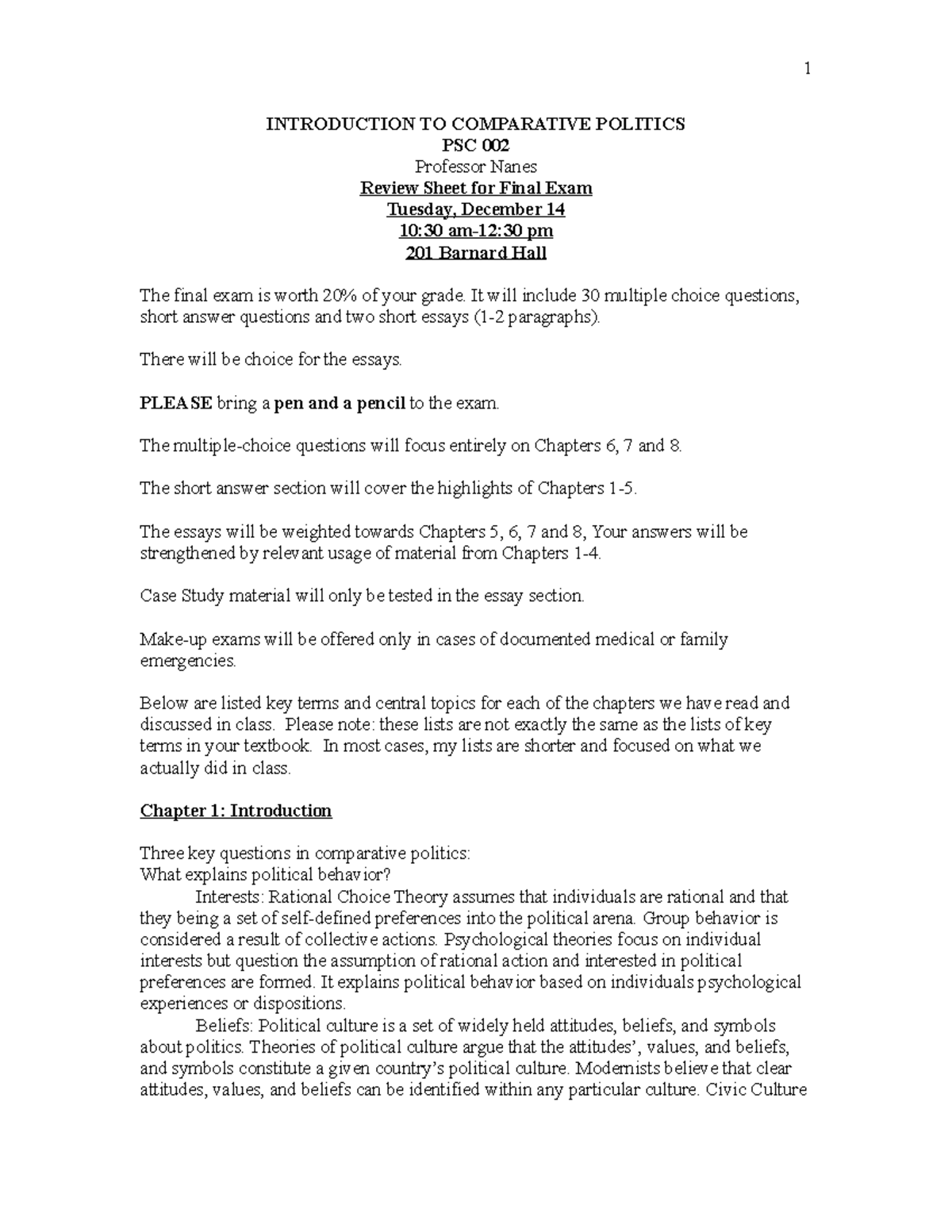 RS Final PSC2 F21 - INTRODUCTION TO COMPARATIVE POLITICS PSC 002 Professor Nanes Review Sheet ...