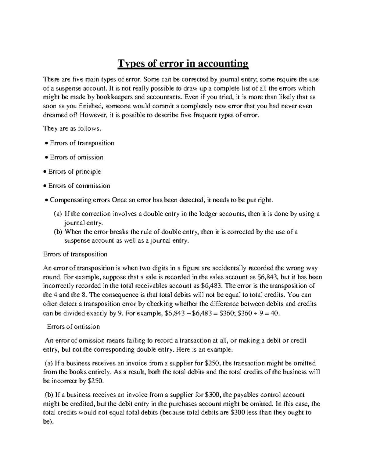 Accounting errors - Types of error in accounting There are five main ...