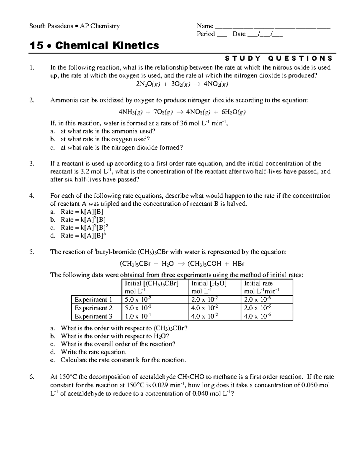 Extra Study Sheets Combined Kinetics - South Pasadena AP Chemistry Name ...