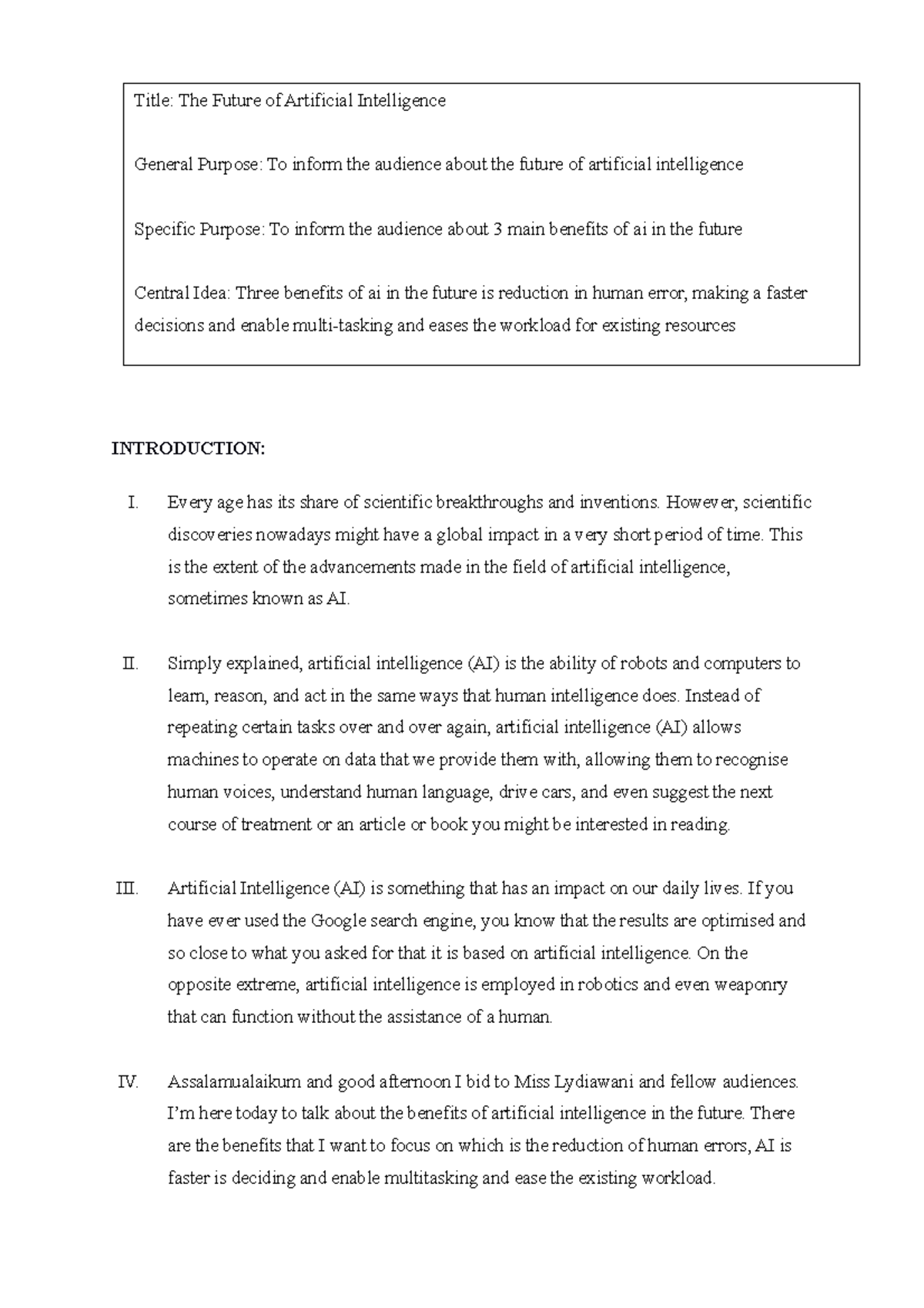 informative speech outline ( future of AI technologies) - INTRODUCTION ...