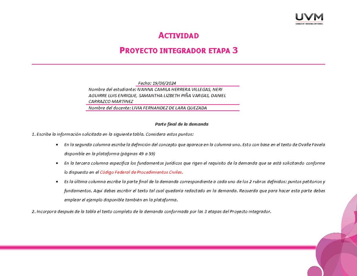 PROYECTO INTEGRADOR ETAPA 3 - ACTIVIDAD PROYECTO INTEGRADOR ETAPA 3 Fecha: 19/06/ Nombre del ...