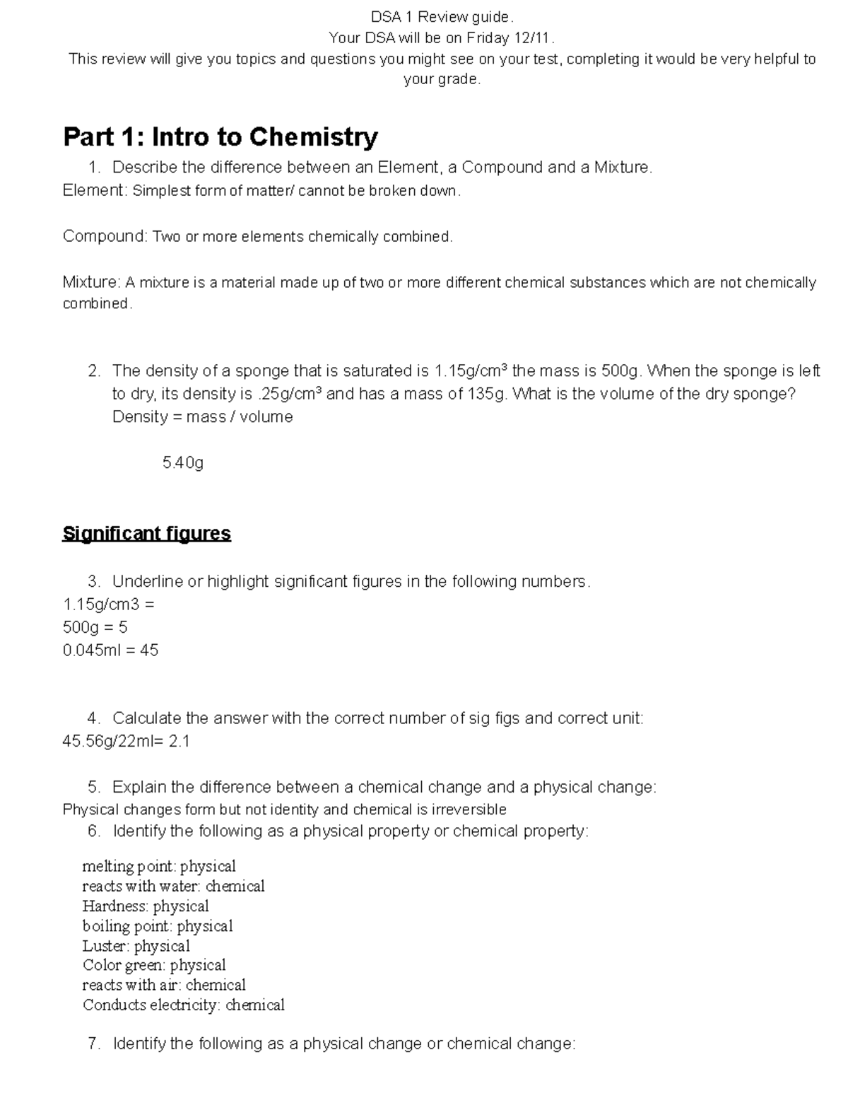 Chemistry 2020 DSA1 Review Honors - DSA 1 Review guide. Your DSA will ...