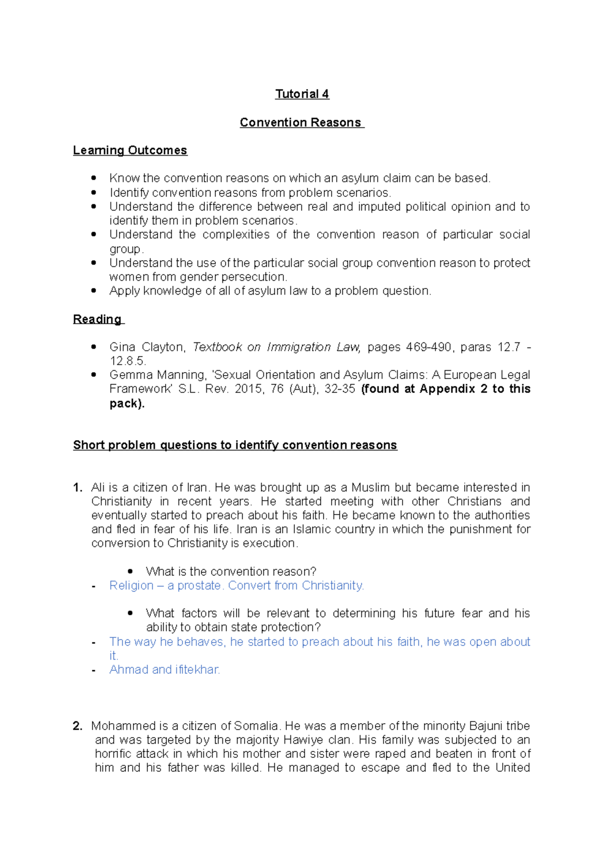 Tutorial 4 immigration - Tutorial 4 Convention Reasons Learning ...