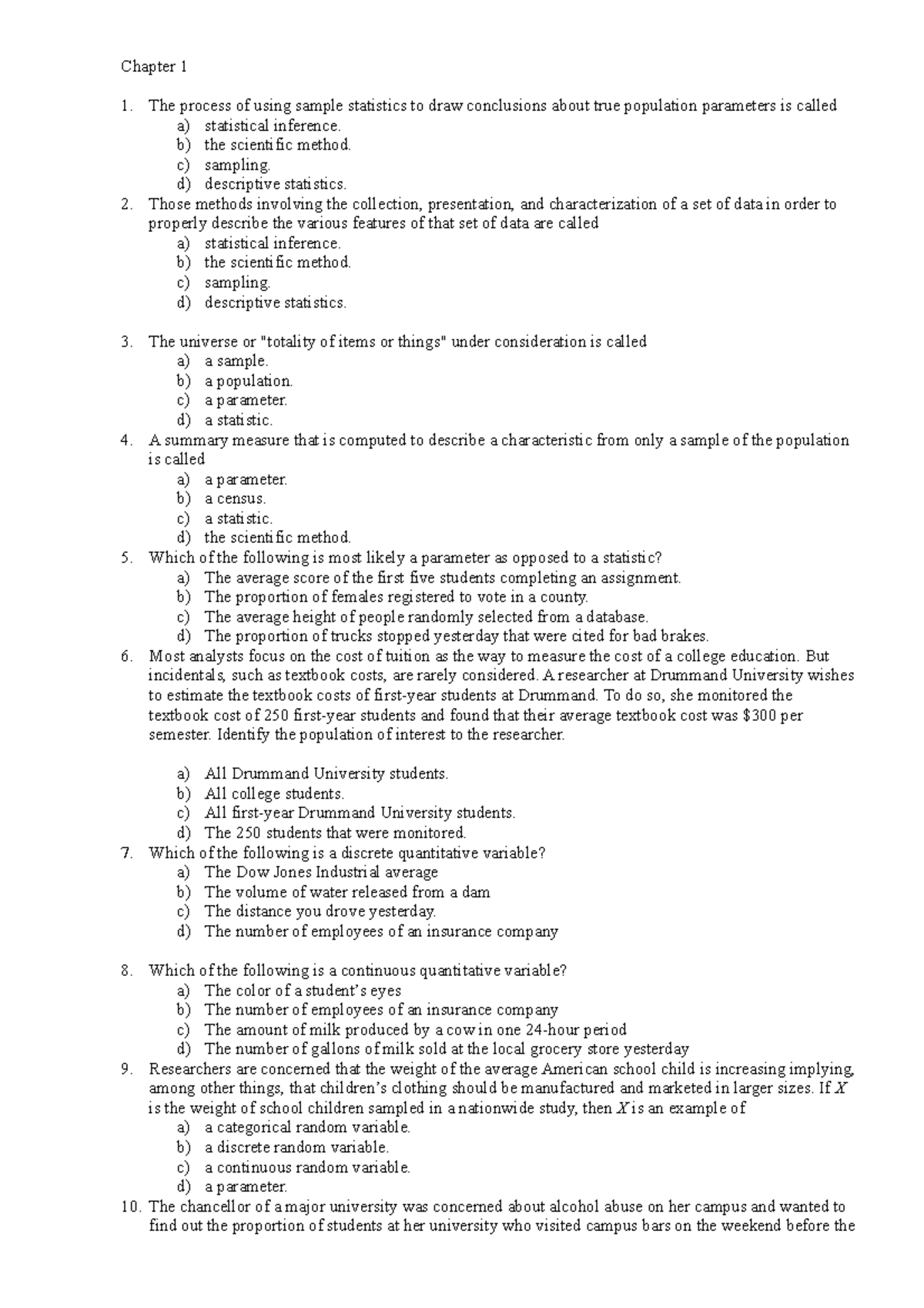 Example Sheet - Chapter 1 The process of using sample statistics to ...