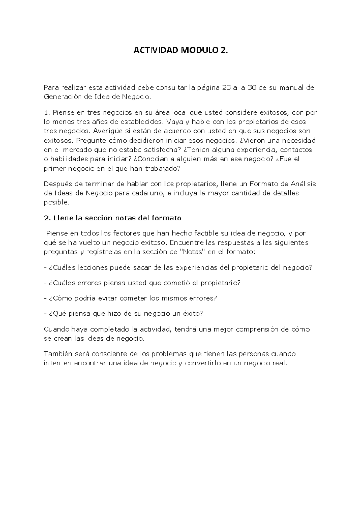 Actividad 3.1 .La idea de negocio. - ACTIVIDAD MODULO 2. Para realizar ...