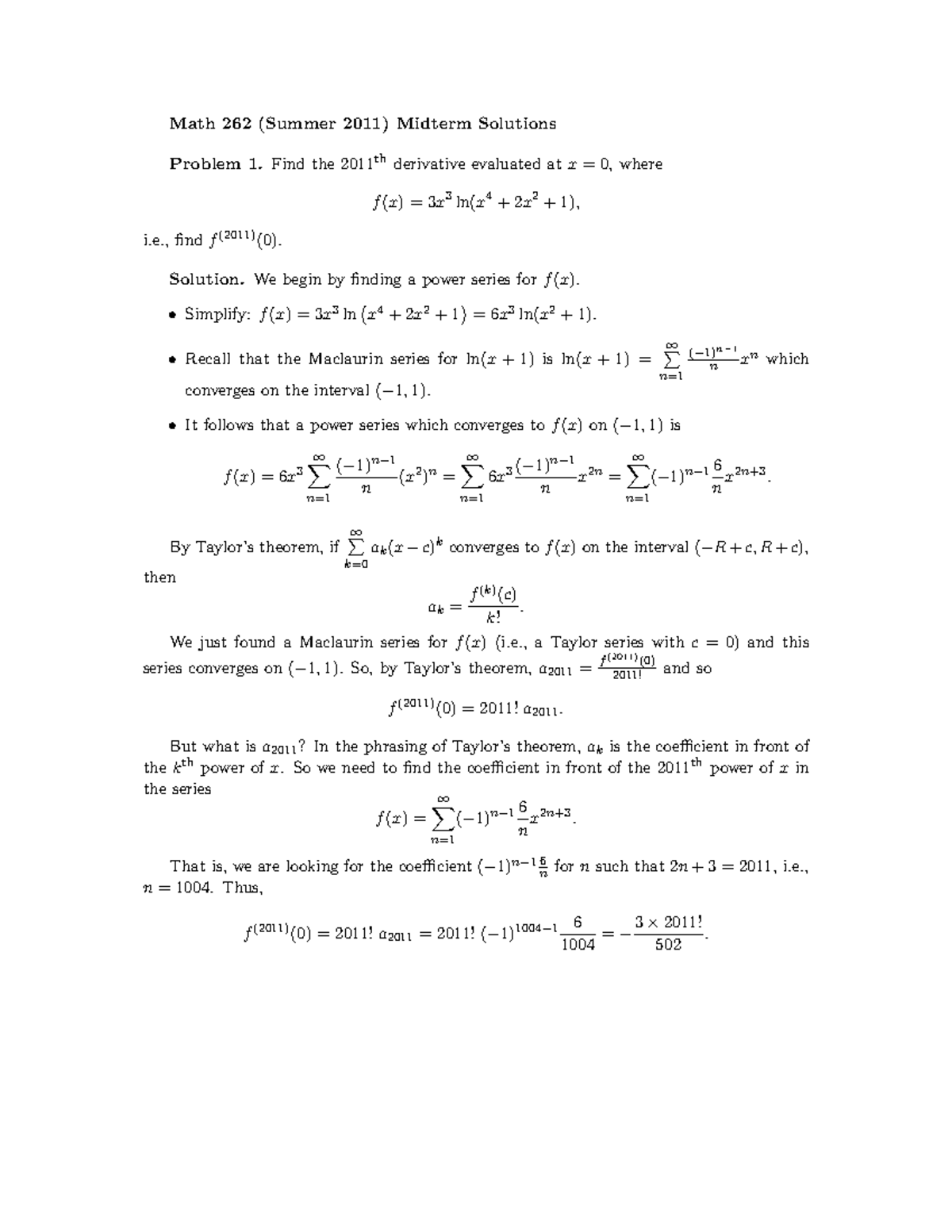 Midterm Exam 2011, answers - Math 262 (Summer 2011) Midterm Solutions ...