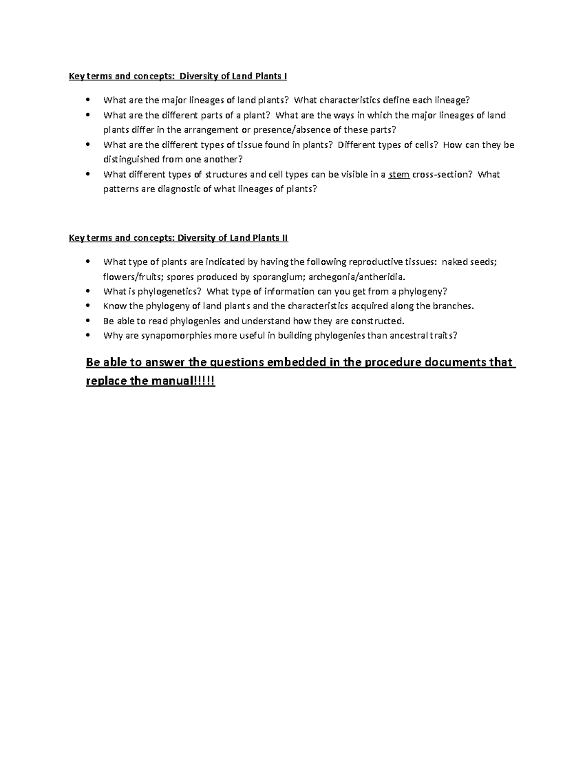 Plant unit key ideas Fa2020 - Key terms and concepts: Diversity of Land ...
