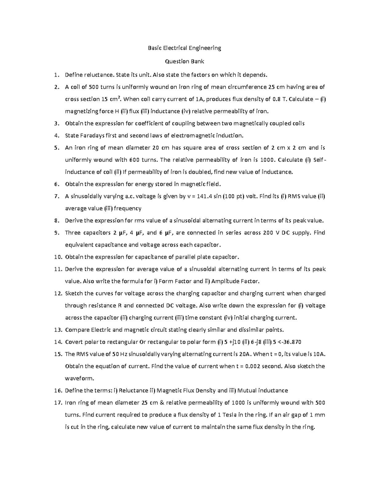 BEE- Question Bank - Basic Electrical Engineering Question Bank Define reluctance. State its ...