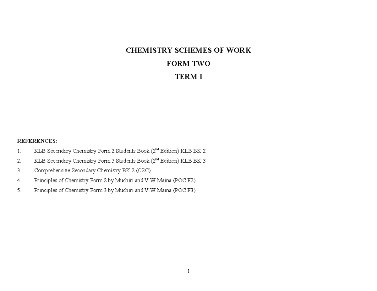 Chemistry schemes form 2 - CHEMISTRY SCHEMES OF WORK FORM TWO TERM I ...
