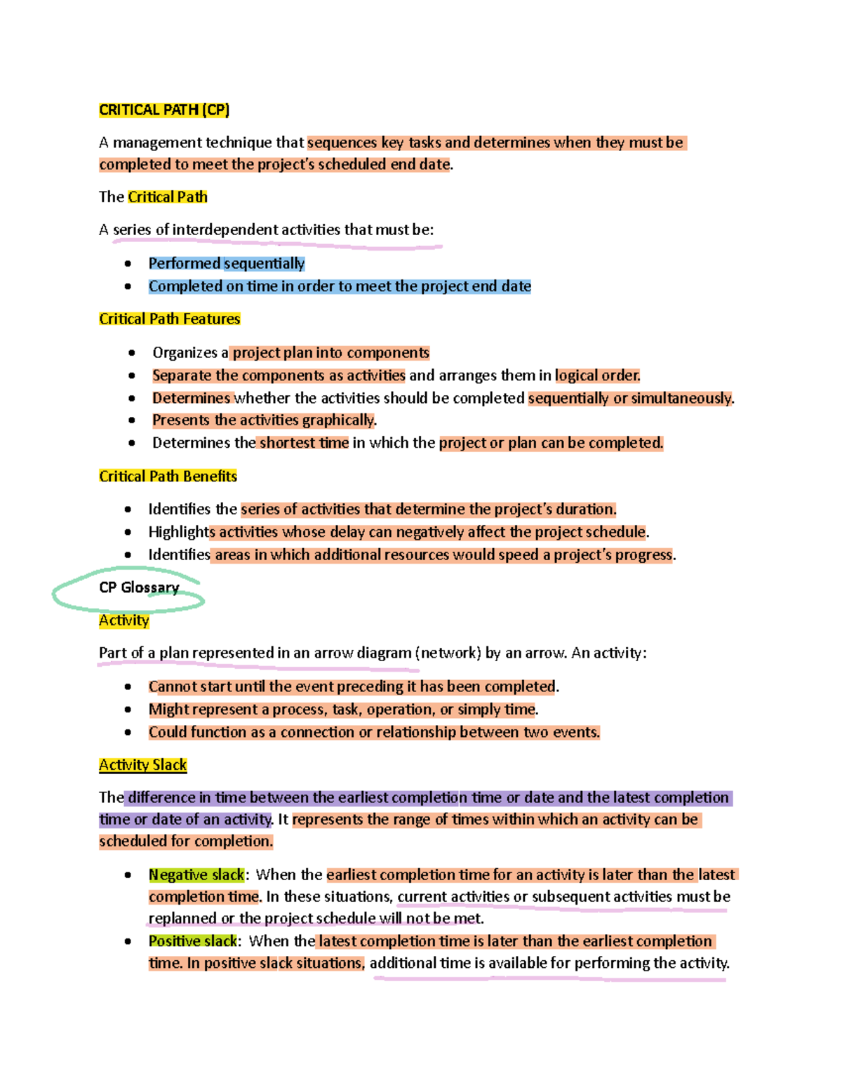 PERT CPM - highlighted lecture notes - CRITICAL PATH (CP) A management ...