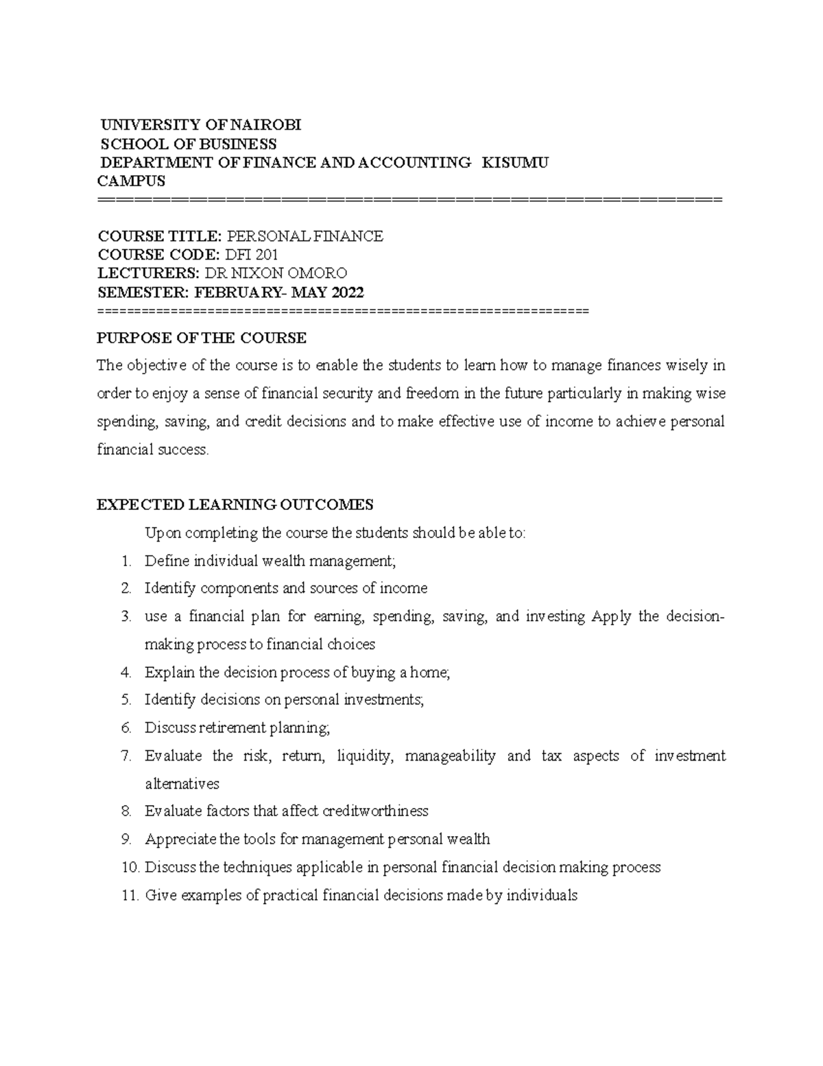 DFI 201 Personal Finance Course Outline FEB 2022 - UNIVERSITY OF ...