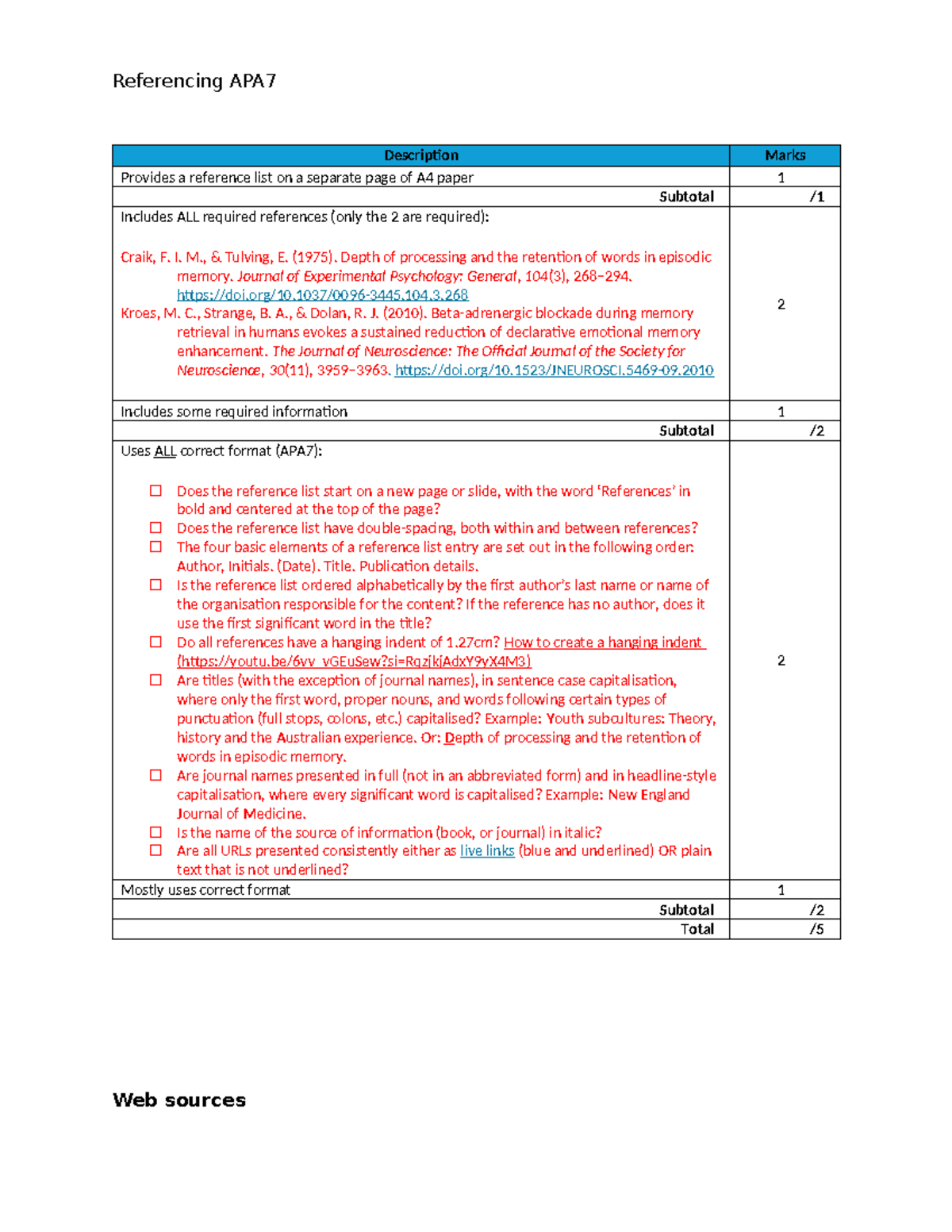 APA 7 Referencing Expectations Marking Key - Referencing APA ...