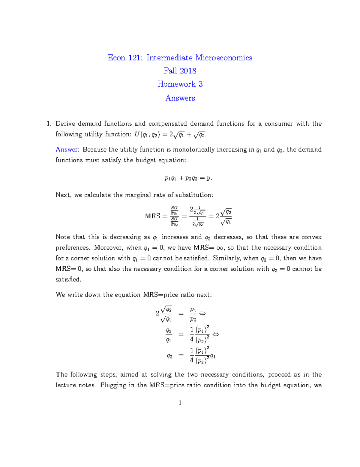 Homework Problems 3Answers - Econ 121: Intermediate Microeconomics Fall ...