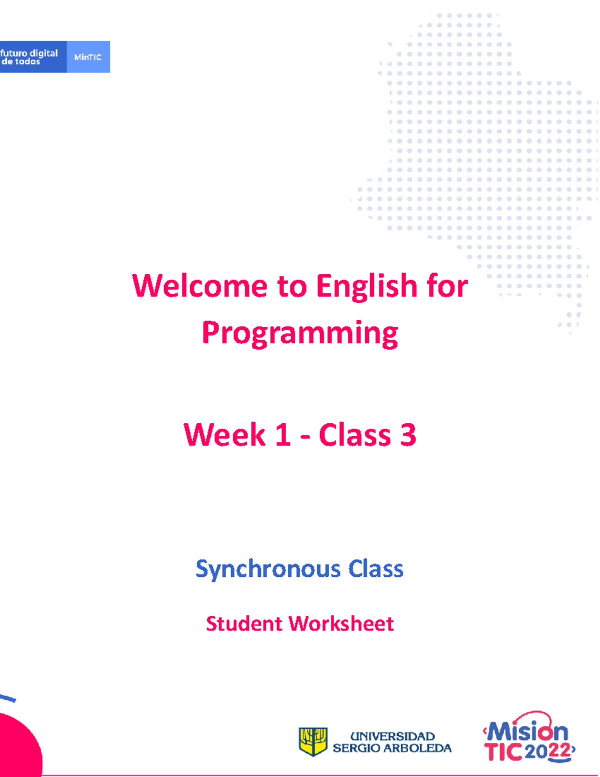 Week1 SS Class 3 Student Worksheet - Welcome to English for Programming ...