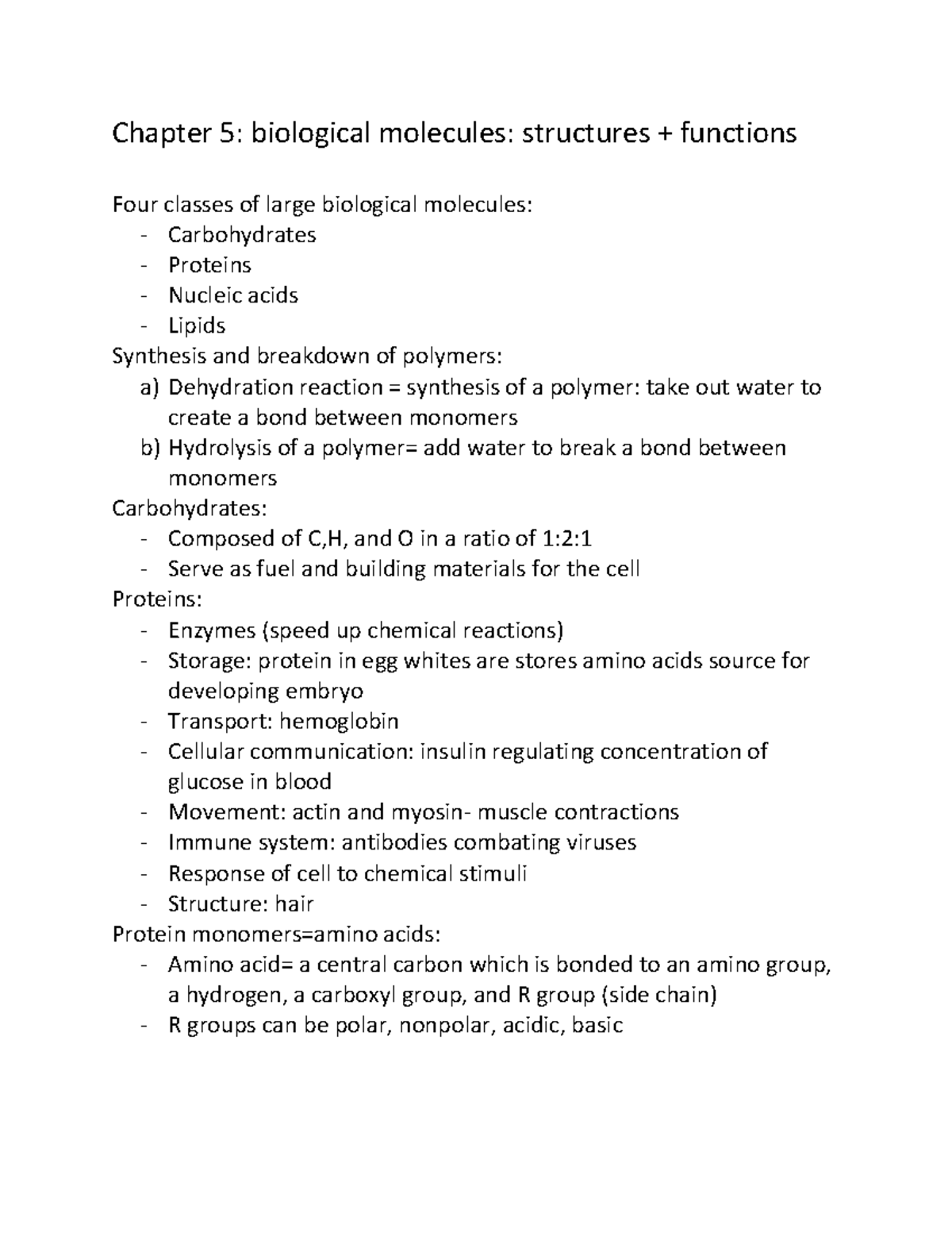 Chapter 5 notes - biological molecules; structures and functions- Zeman ...