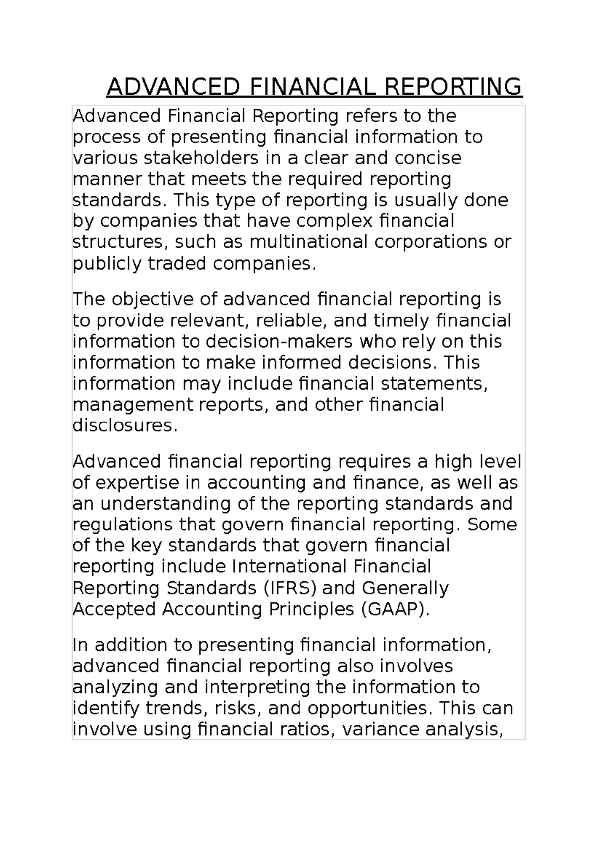 Advanced Financial Reporting - ADVANCED FINANCIAL REPORTING Advanced ...