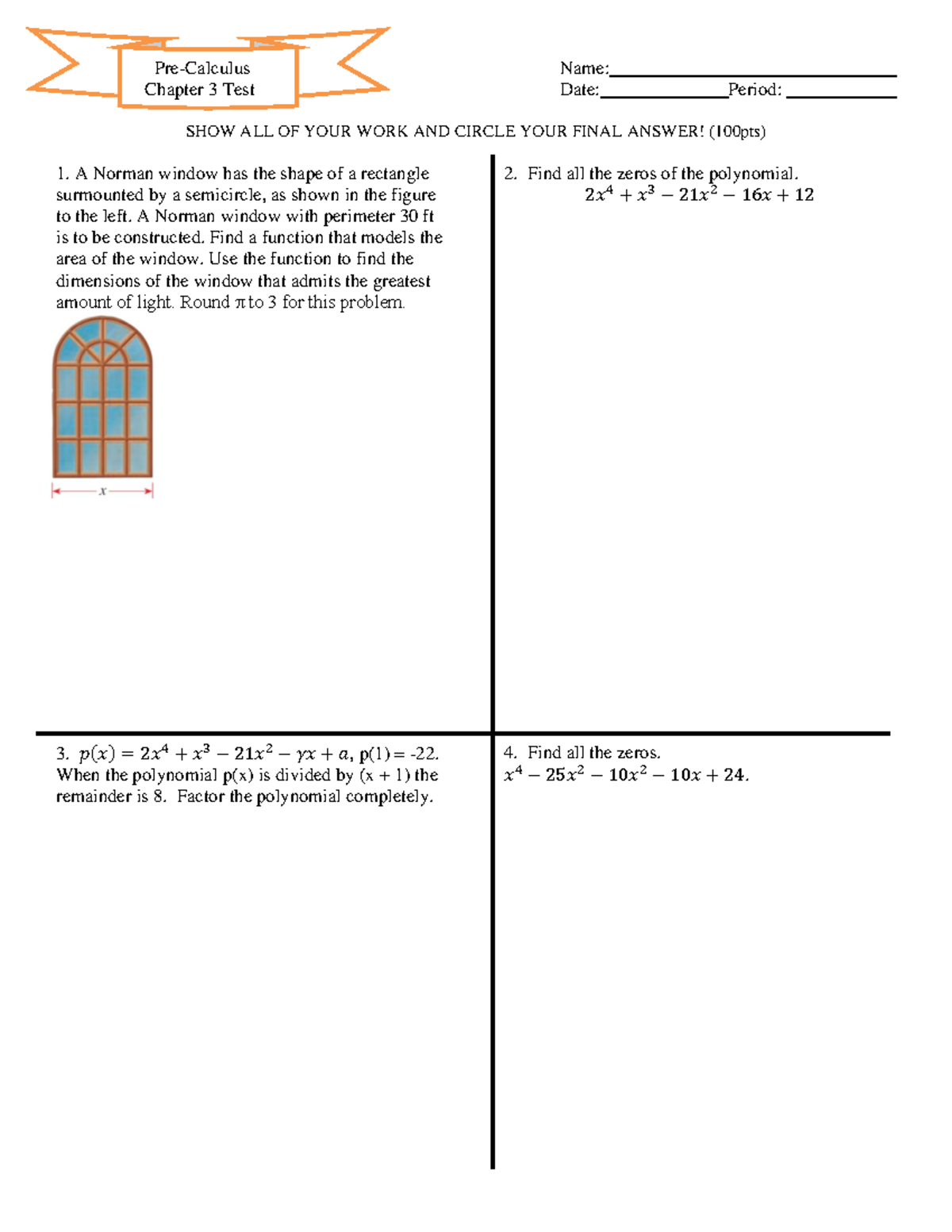 Chapter 3 Test D 2022-2023 - Pre-Calculus Name: Chapter 3 Test Date ...