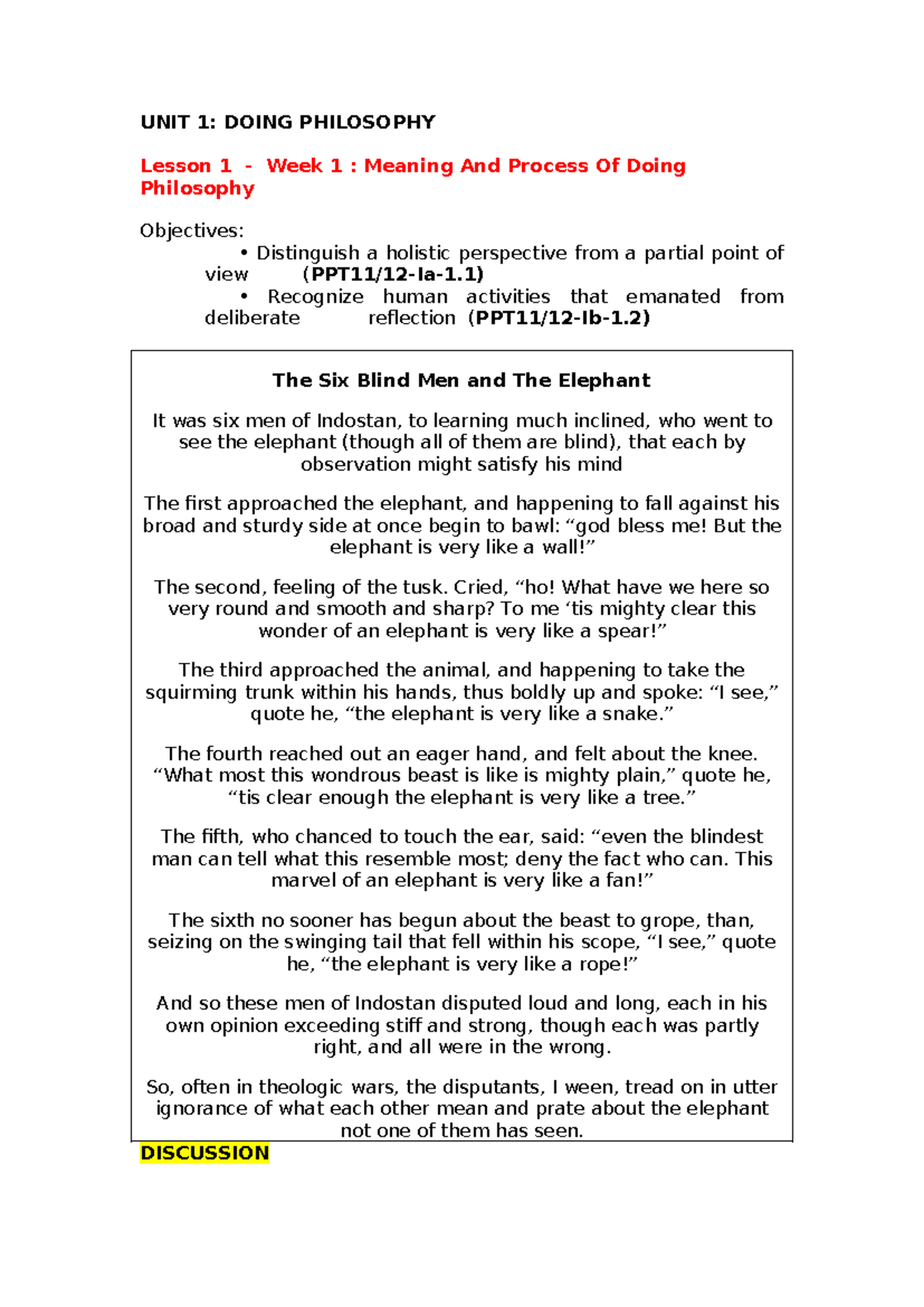 UNIT 1 Doing Philosophy - UNIT 1: DOING PHILOSOPHY Lesson 1 - Week 1 ...