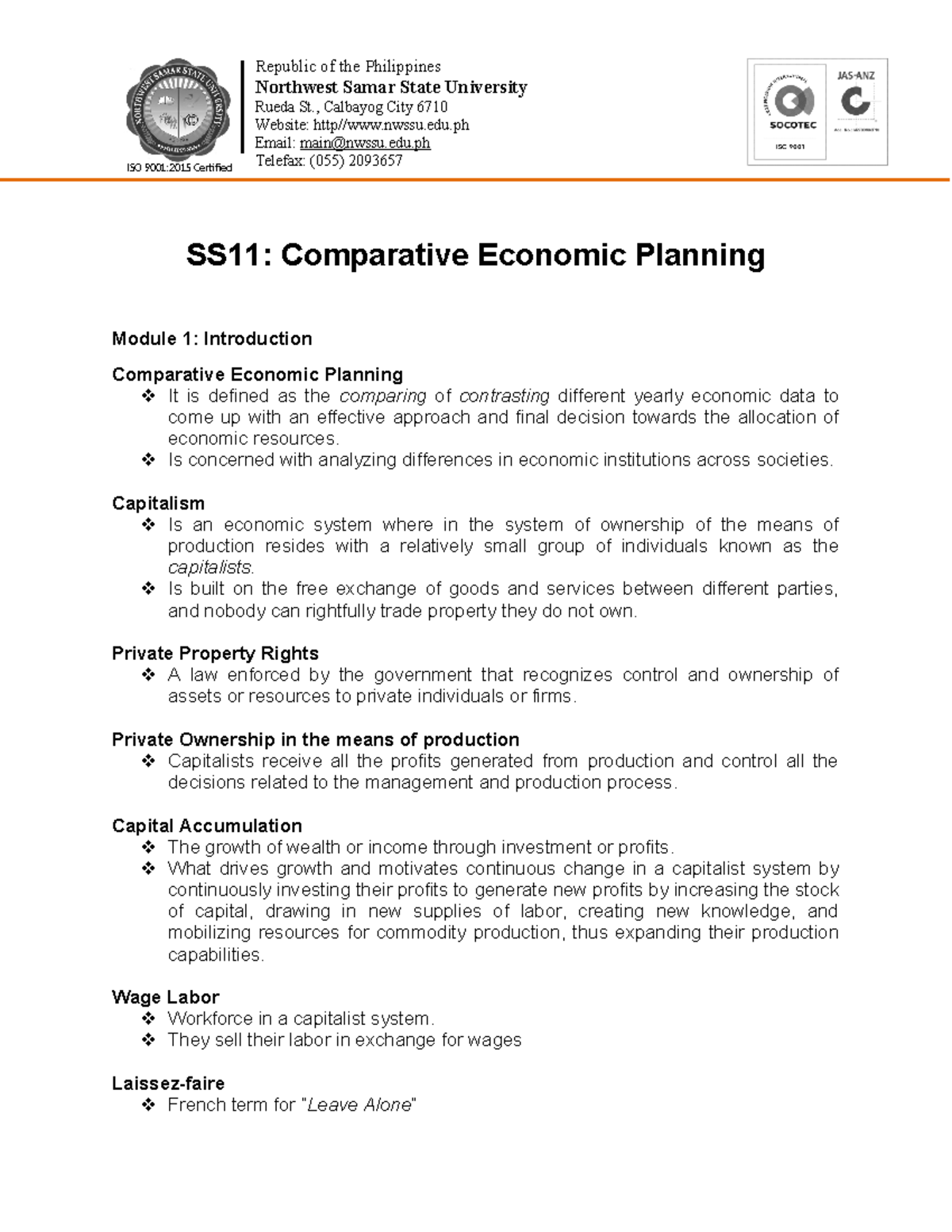 Comparative Economic Planning reviewer M1 M4 1 - ISO 9001:2015 ...
