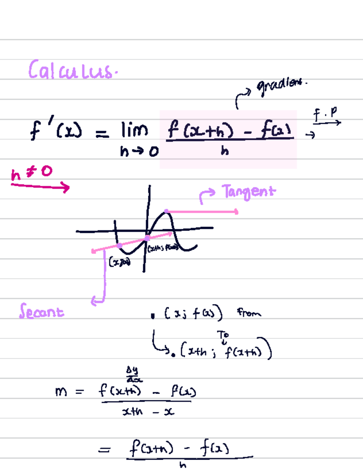 Tutoring notes. 4 - Calculus. gradient . F. P f'() = limt-f- n + 0 ...